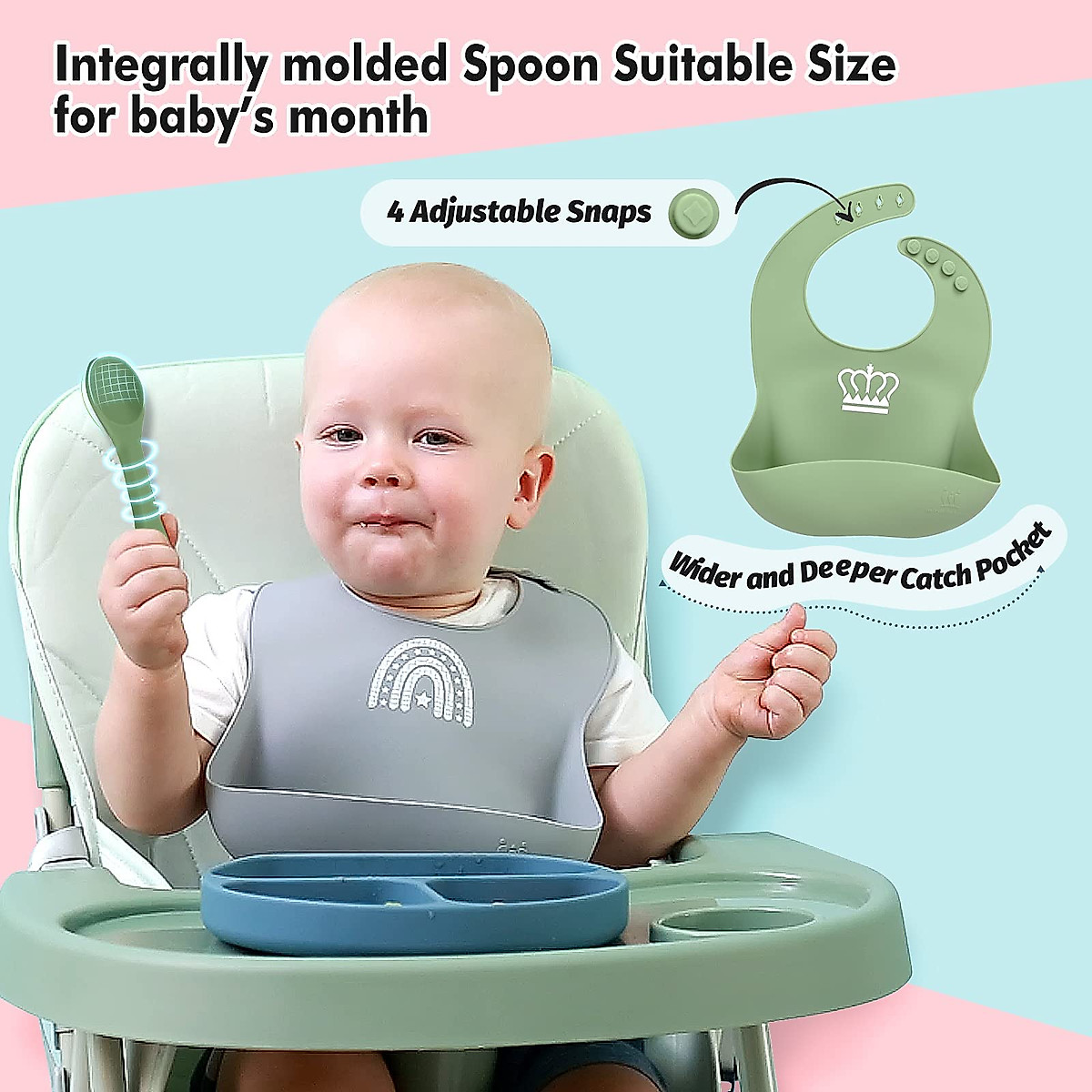 Plates And Bowls Sets For Baby/Kids, 4 PACK Baby Feeding Supplies with Suction Bowl＆Divided Plate＆Adjustable Bib＆Soft Spoon-BPA Free-Easily Clean Infant Training Eating Utensil (Green)