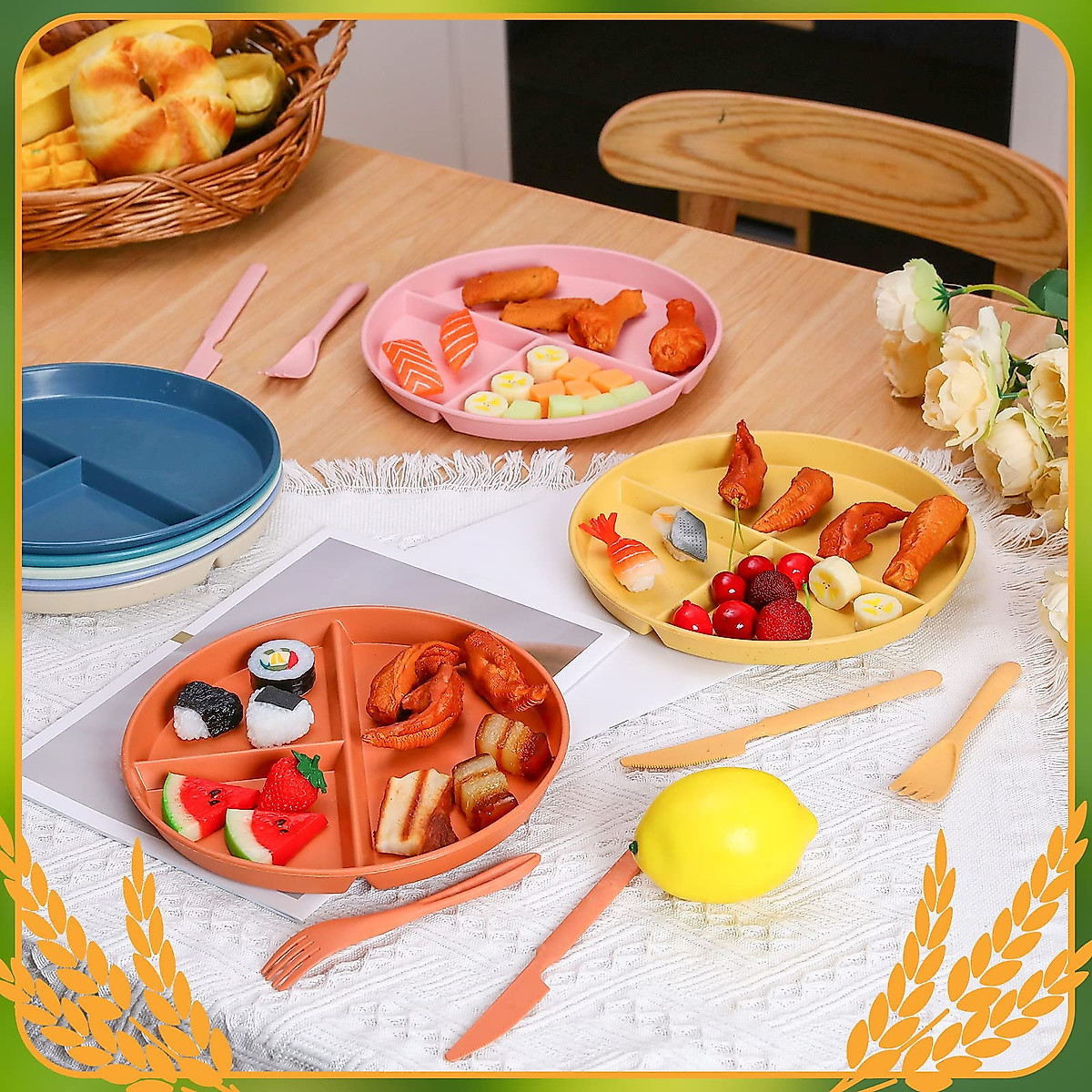 8 Set Unbreakable Wheat Straw Divided Dinner Plates 9 Inch Wheat Plastic Gridded Dinner Plates with Spoon Knife Fork Microwave Dishwasher Safe Wheat Straw Dinnerware Set for Kids Picnic Kitchen
