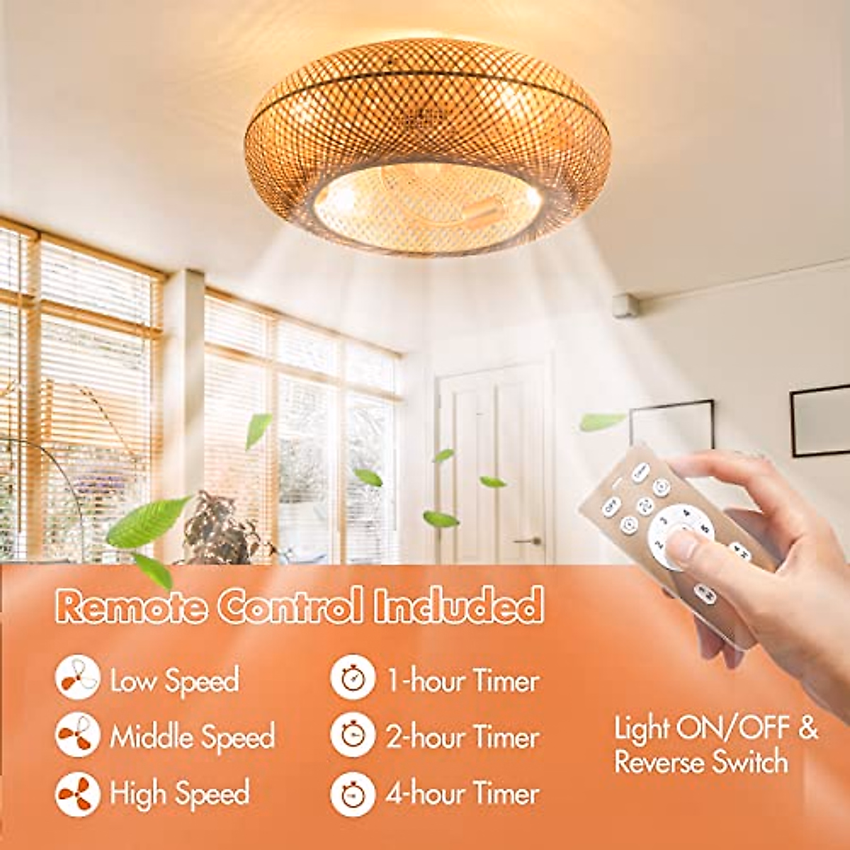 SaWaUto 20 Inch Cage Ceiling Fan, Farmhouse Low Profile Ceiling Fan with Remote Control, Mute Motor w/ Remote Control Flush Mount Ceiling Fan Lighting Fixture for Bedroom Living Room Kitchen
