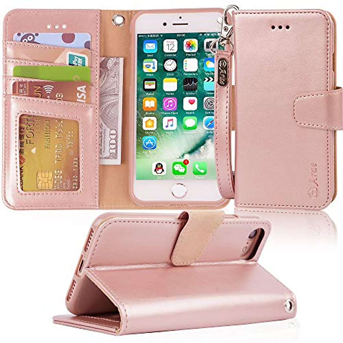 Arae Case for iPhone 7 / iPhone 8 / iPhone SE3 2022 / iPhone SE 2020, Premium PU Leather Wallet Case with Kickstand and Flip Cover, Rose Gold