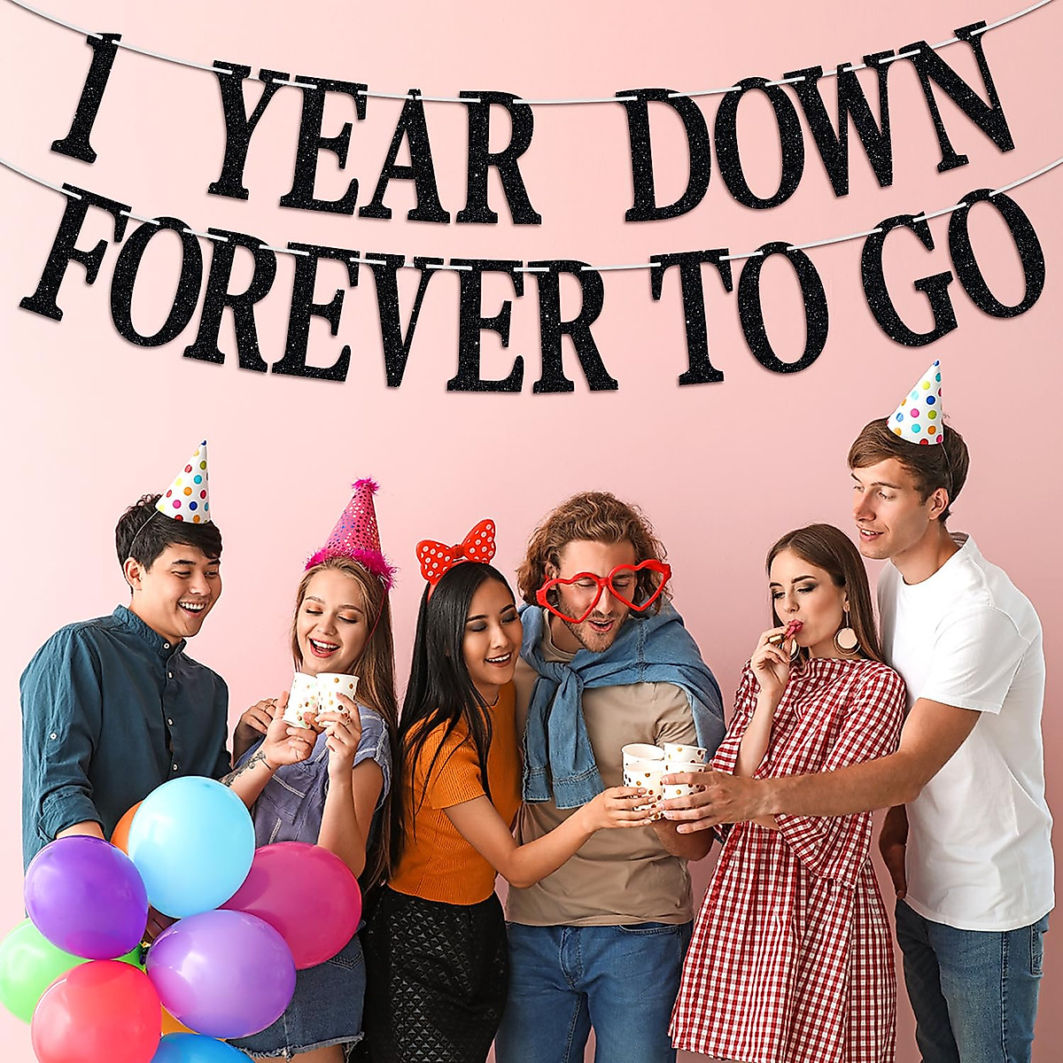 1 Year Down Forever to Go Banner, 1 Year of Marriage Gift, Happy 1st Wedding Anniversary Party Decoration Supplies, Black Glitter