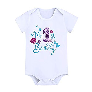 Mermaid 1st Birthday Outfit Baby Girl My First Birthday Cake Smash Photo Shoot Romper Little Mini Tutu Skirt Shiny Headband One Year Old Summer Nautical Ocean Themed Birthday Party Supplies Purple 1T