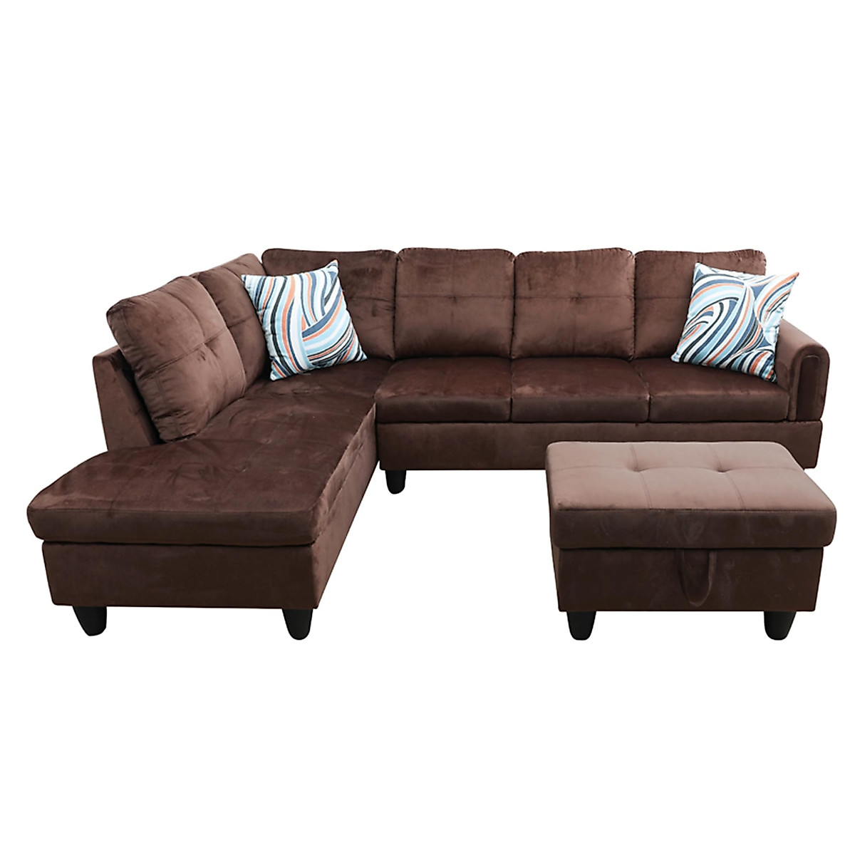 NOTOP Seater 3-Piece Flannel L-Shaped Sectional Sofas, Button Tufted Upholstered Couch Set with Left Chaise Longue and Storage Ottoman, for Living Room, Home, Office, Chocolate, 97