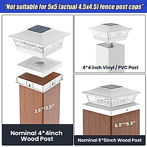 APONUO 5x5 Solar Post Cap Lights White for Vinyl Fence,White Solar Post Cap Lights 2 Color Mode Outdoor Waterproof for Fence Post Caps 4x4,6x6 Wood&4x4 5x5 Vinyl Deck Post Caps,White,6 Pack