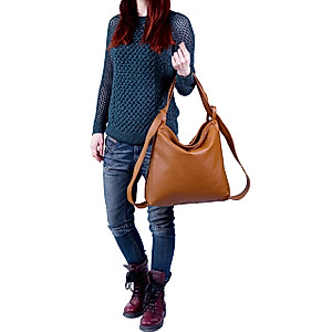 TimeStoryBag Women Leather Backpack/Purse- Handmade Convertible Hobo Shoulder Bag from Genuine Leather Cognac