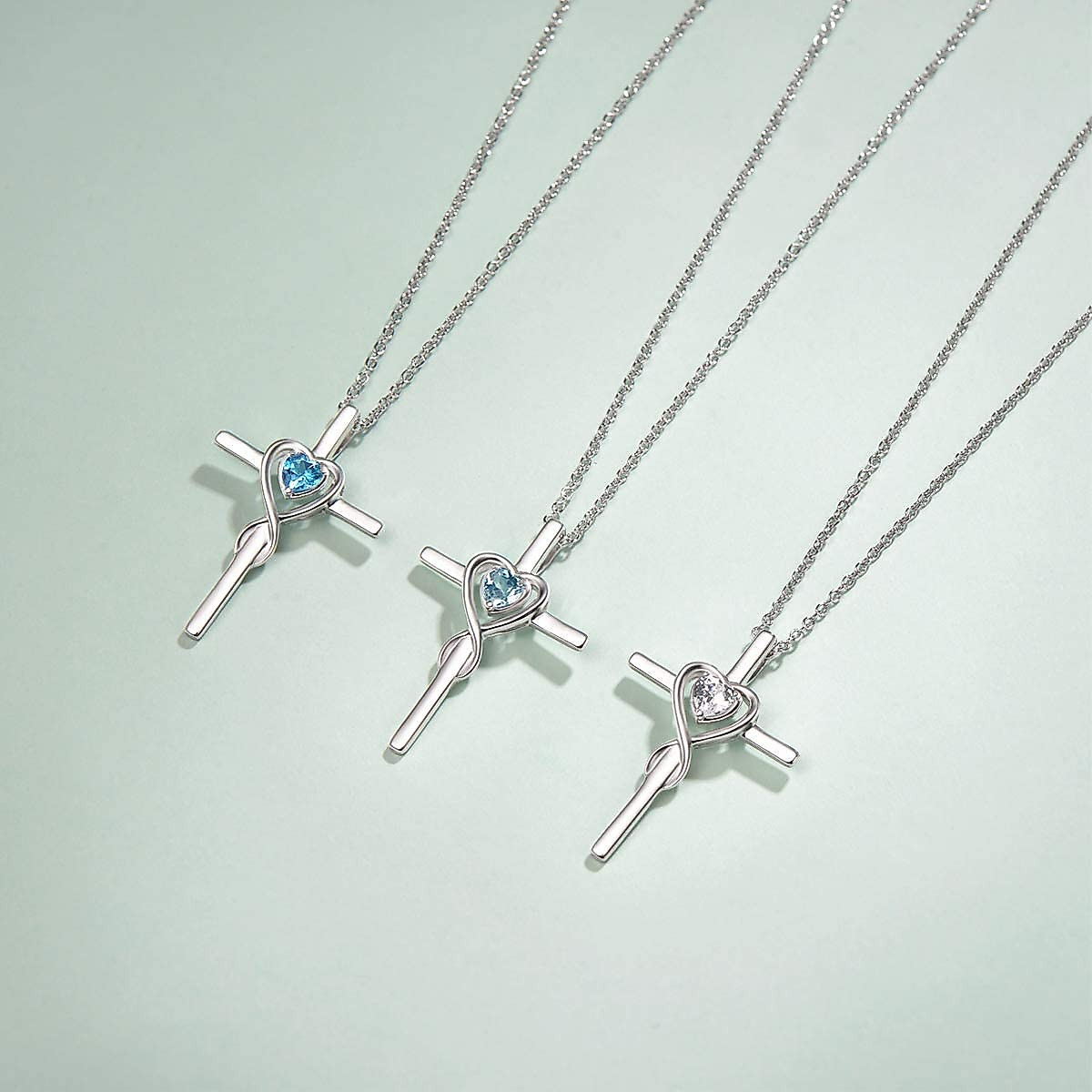 FANCIME Aquamarine Cross Necklace For Women Sterling Silver Birthstone Necklace Aquamarine Heart Cross Pendant March Birthstone Jewelry Gifts Valentines Day Gifts for Women