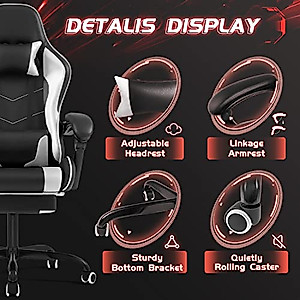 Shahoo Gaming Chair with Footrest and Massage Lumbar Support, Video Game Chairs 360°Swivel and Height Adjustable Seat with Headrest for Office or Bedroom, Study Room, White