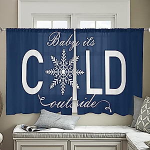 AmbeHome Semi Sheer Curtain Rod Pocket Kitchen Curtains, Christmas Sheer Window Curtains 54 Inch Length 2 Panels Set, Voile Window Drapes for Bedroom Living Room Cold Winter Snowflakes Blue Backdrop