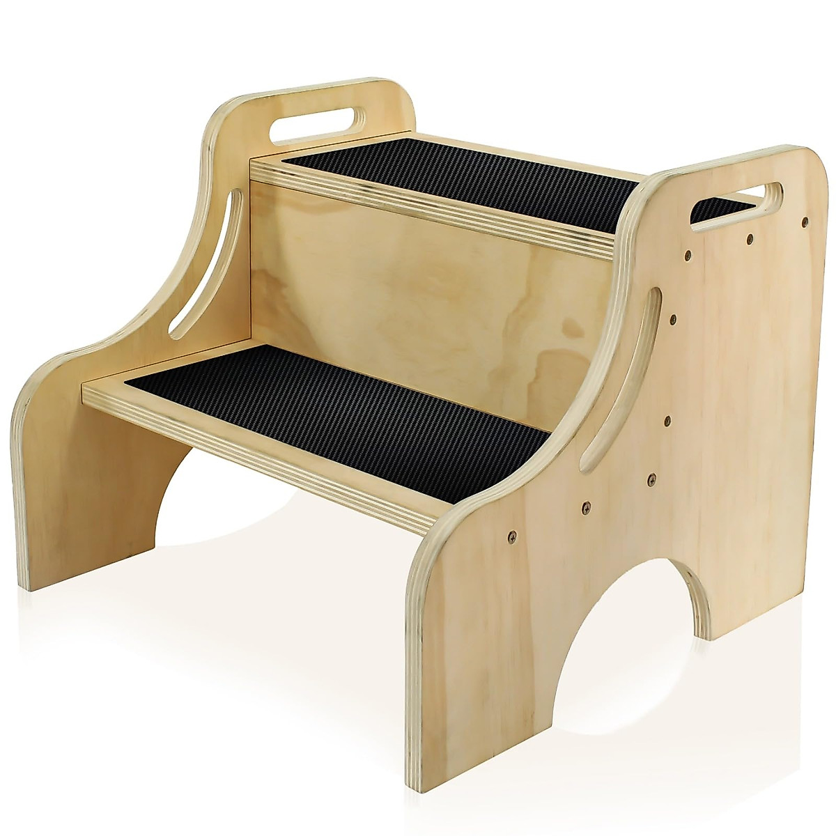 Merrynine Upgraded Wooden Step Stools for Kids, Toddler Step Stool with Non-Slip Mat for Bathroom Sink, Kitchen, Thickened Wood,Double Handles, Pre-Slotted Side Plate,(15.75*14.96*12.6",5.6LB,Natural)