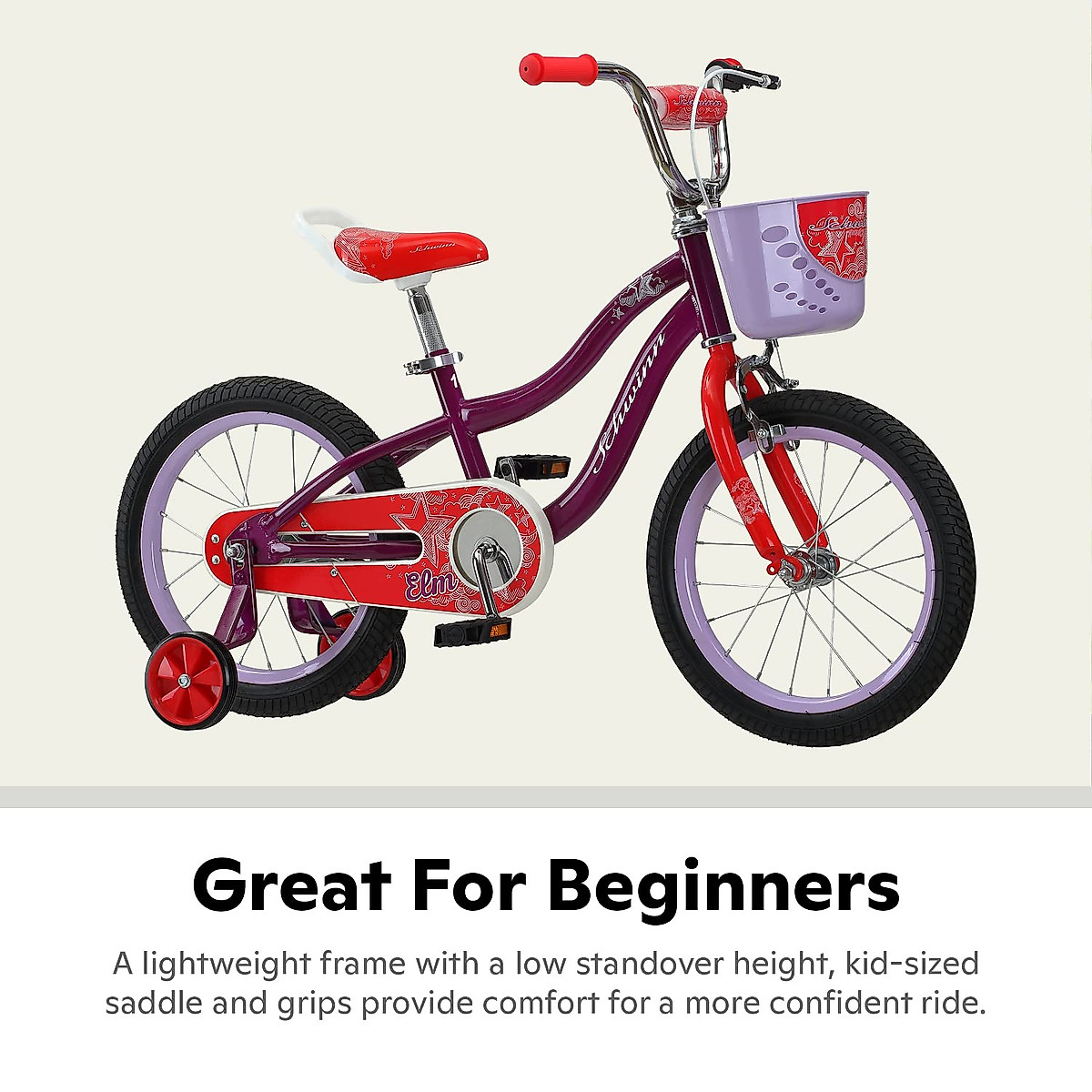 Schwinn Koen & Elm BMX Style Toddler and Kids Bike, For Girls and Boys, 16-Inch Wheels, With Saddle Handle, Training Wheels, Chain Guard, and Front Basket, Recommended Height 38-48 Inch, Purple
