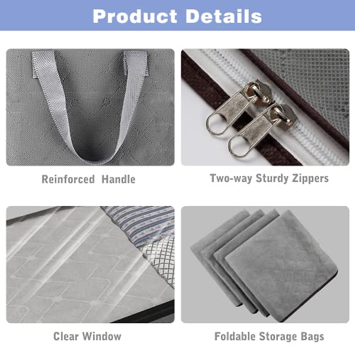 Fixwal 8 Pack Large Clothes Blankets Storage Bags Foldable Organizer Storage Containers for Comforters, Bedding, Clothing, Fabric Closet Storage Bins with Sturdy Zipper Handle Clear Window, 90L Grey