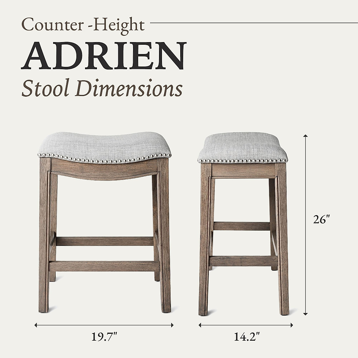 Maven Lane Adrien 26 Inch Counter Height Upholstered Backless Saddle Barstool in Reclaimed Oak Finish with Ash Grey Fabric Cushion Seat, Set of 3