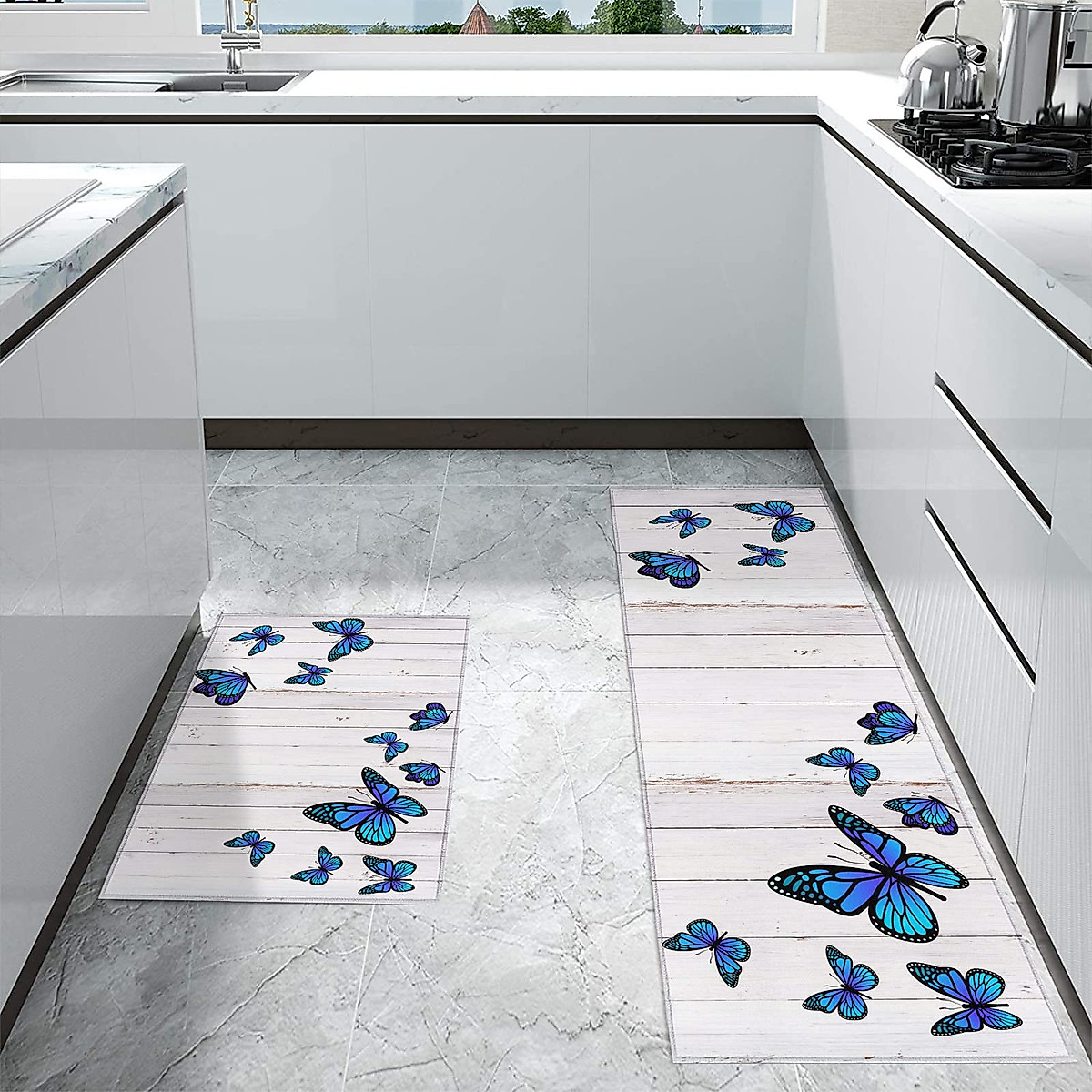 Farmhouse Style Kitchen Mats for Floor Cushioned Anti Fatigue 2 Piece Set Kitchen Runner Rugs Non Skid Washable Butterfly Vintage Wooden Plank