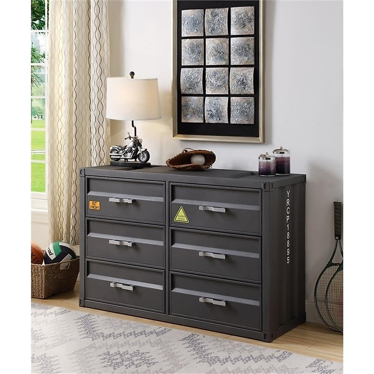 Acme Cargo Container Style Rectangular 6-Drawer Dresser in Gunmetal Metal