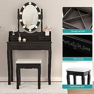 Alohappy Vanity Desk Set with Lighted Mirror, Black Makeup Dressing Table Desk with Mirror & Lights, Padded Stool, 4 Drawers Storage & Easy Assembly for Bedroom, Bathroom