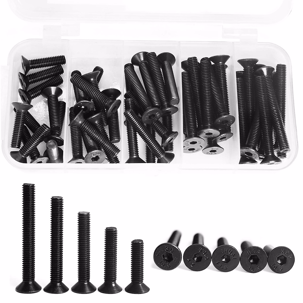 M5 x 20mm 25mm 30mm 35mm 40mm Flat Head Socket Cap Screws Countersunk Bolts, 10.9 Grade Alloy Steel, Black Oxide Finish, Fully Threaded, Metric Allen Hex Drive, Assortment Kit 50PCS