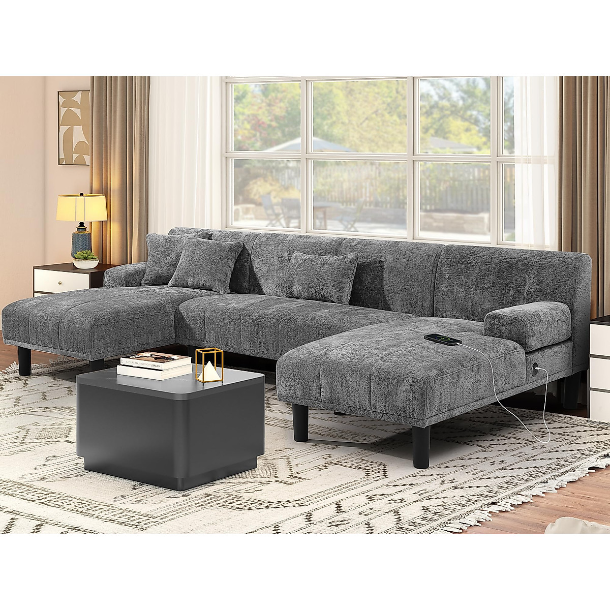YITAHOME Sectional Couches for Living Room, U Shaped Sofa Chenille Modern Couch with USB & Type C Charging Ports Double Chaise and Comfy Upholstered, Grey
