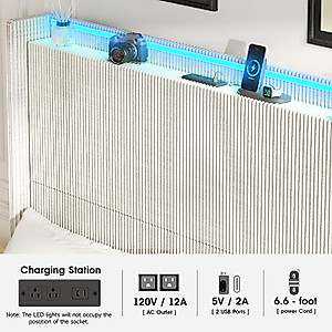 Fameill Queen Size Lift Up Storage Bed Frame with 51.2'' Tall Wingback Headboard, Corduroy Upholstered Platform Bed, LED Lights and Charging Station, No Box Spring Needed, Noise Free, Beige