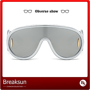 Breaksun Fashion Wave Mask Sunglasses for Women Men Oversized Silver Mirrored Futuristic Shield Sun Glasses Designer Style (Silver/Silver Mirror)