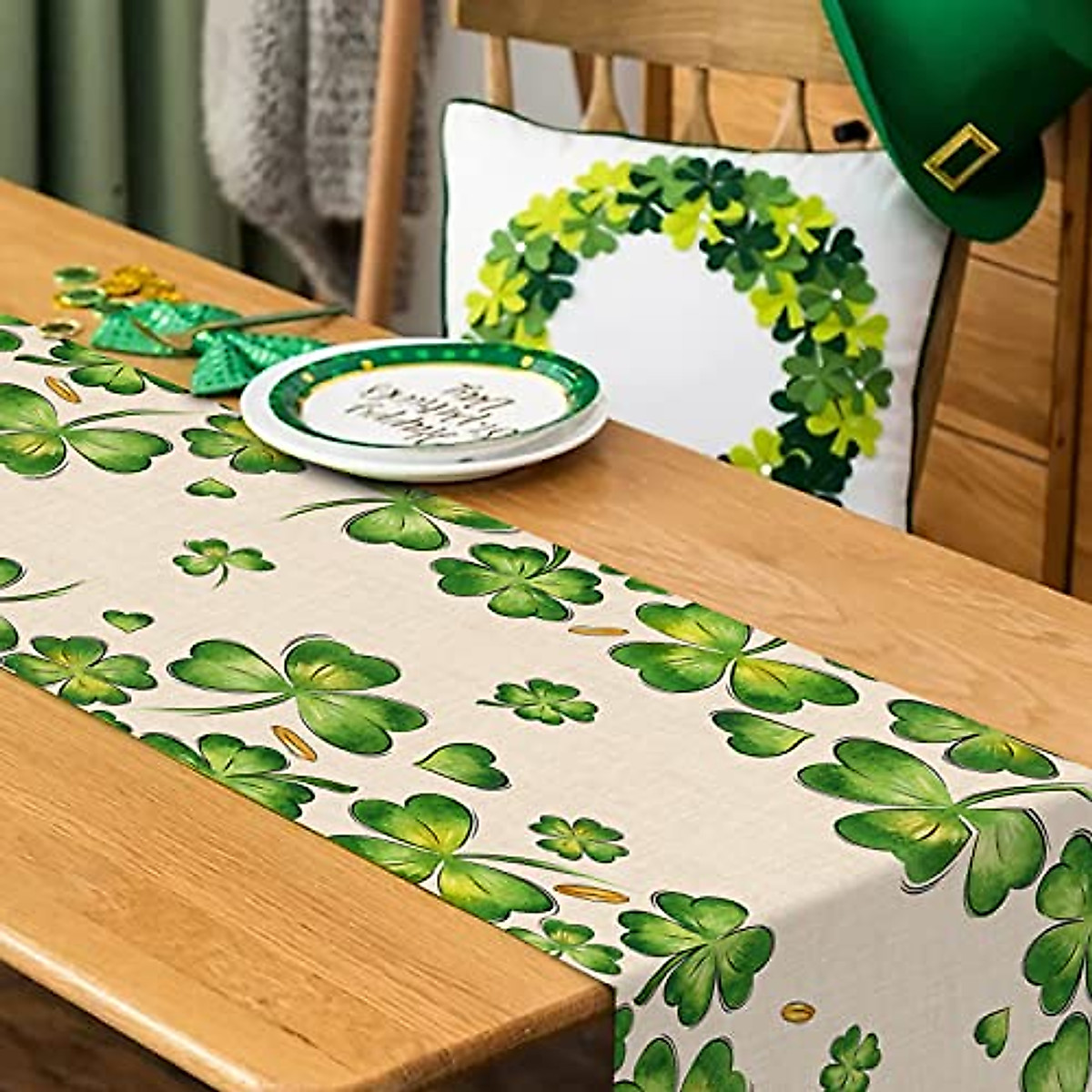 Seliem St. Patrick's Day Shamrock Clover Bushes Table Runner, Gold Coins Green Heart Kitchen Dining Table Decor, Irish Spring Burlap Home Decoration Indoor Outdoor Holiday Party Supply 13 x 72 Inches