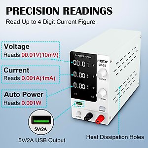 FEITA C305 DC Power Variable Supply Adjustable 30V 5A High Precision Bench Lab Power Supplies Programmable with Output Switch, 5V/2A USB Interface for Anodizing & Electroplating Kit