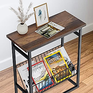 Unglehome End Table, Narrow Nightstand, Skinny Bedside Tables, Small Side Table for Small Spaces with Magazine Holder Rustic Slim Little Thin Table for Living Room, Bedroom, Sofa-Walnut