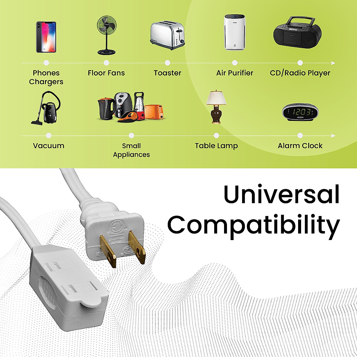 Go Green Power Inc. 20ft Household Extension Cord, White, 3 Outlets, 16/2, Indoor Use Only - Safe, Reliable, and Child-Safe Covers - Ideal for Everyday Electronics