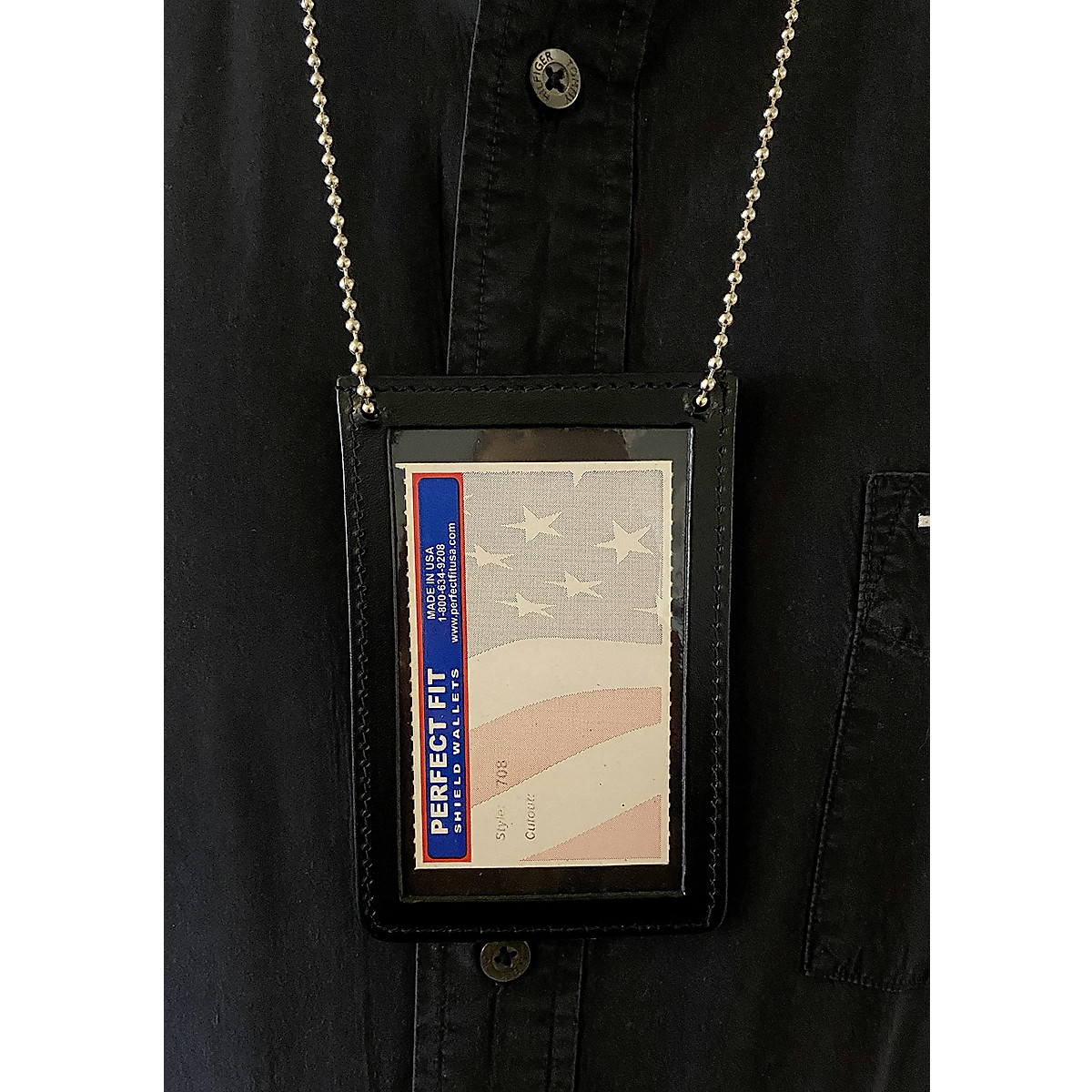 Neck Chain Double Sided ID Holder with 2 Clear Picture ID Windows, Leather Badge for Credential Pass to Wear Around The Neck for Police Law Enforcement, Business, Factory Worker (Black) (Vertical)
