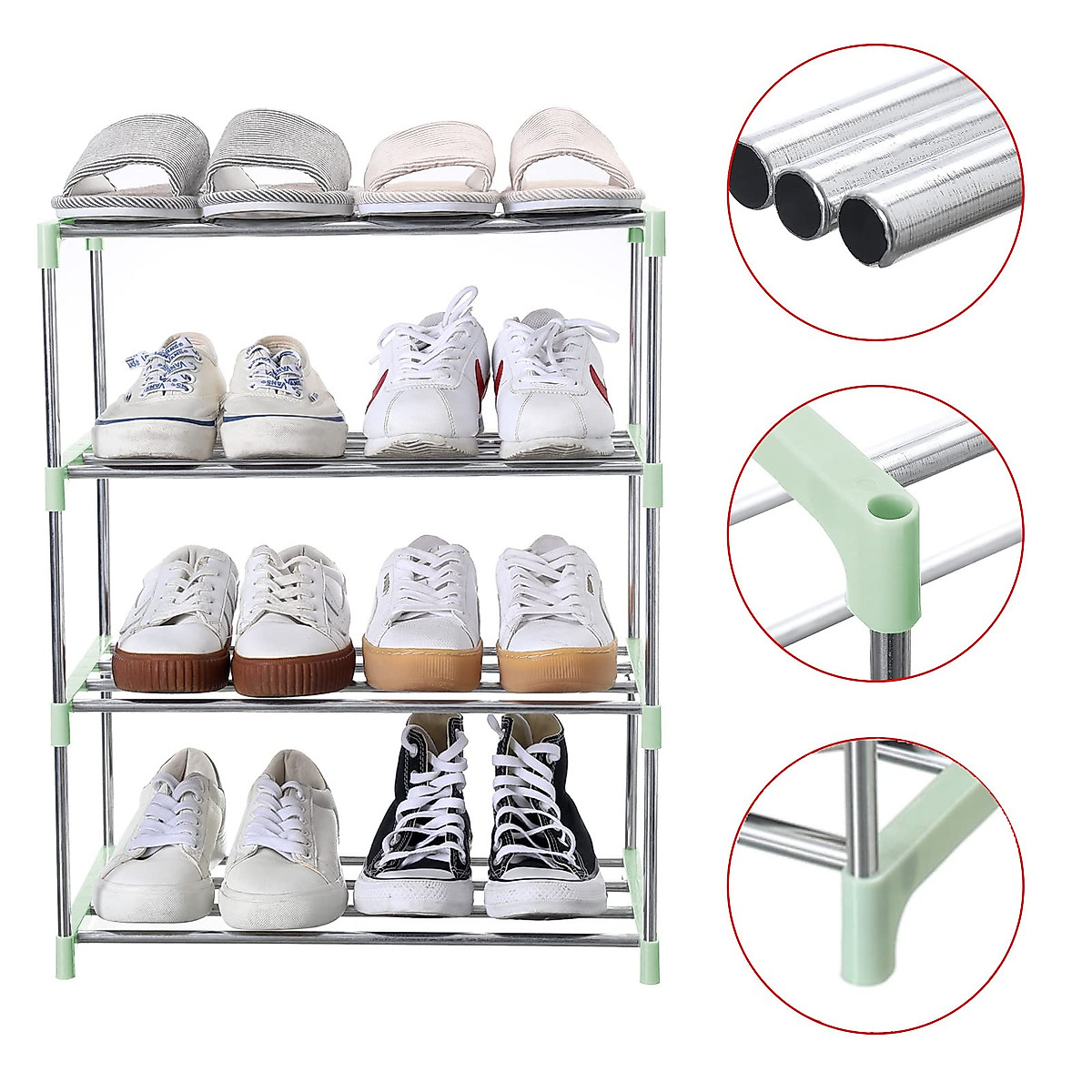 Jucaifu Stackable Small Shoe Rack, Entryway, Hallway and Closet Space Saving Storage and Organization (4-Tier, Green)