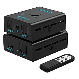 Digital Audio Optical Audio Switch 2 in 1 Out, SGEYR Digital Optical Audio Splitter SPDIF Toslink Switch Optical Switcher with IR Remote Control & Optical Cable for PS3 Xbox Blue-Ray HDTV