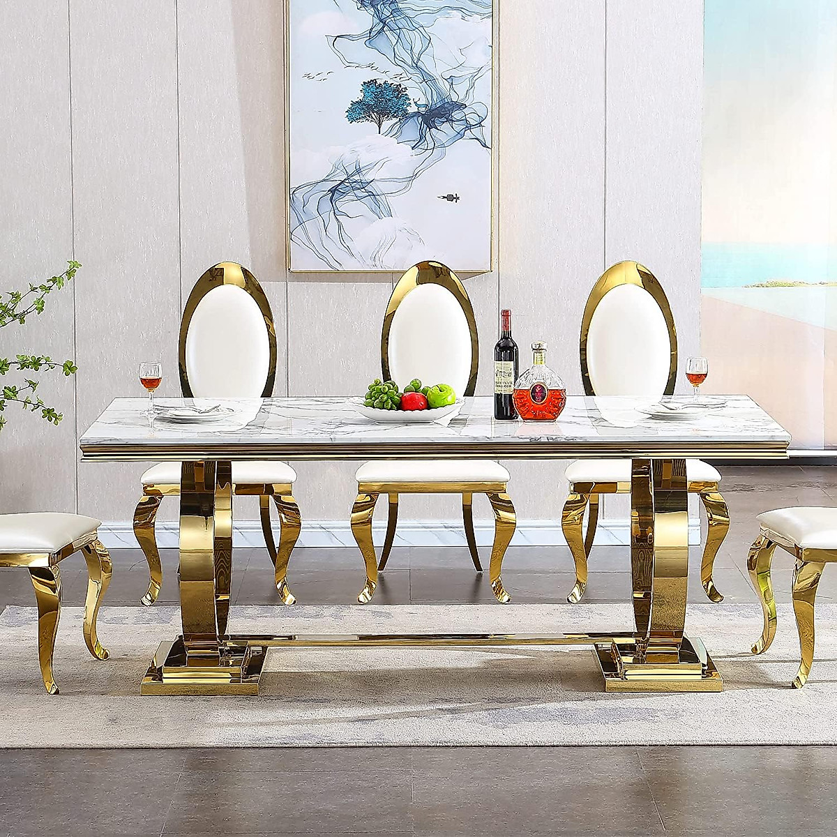 70" Modern Marble Dining Table, Luxury Gold Rectangular Kitchen Table for 6-8, Mid-Century White Faux Marble Dining Room Table with Mirrored Stainless Steel Pedestal Base for 6