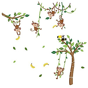 Runtoo Monkey and Tree Wall Decals Animals Jungle Wall Stickers TV Wall Décor for Baby Nursery Kids Bedroom