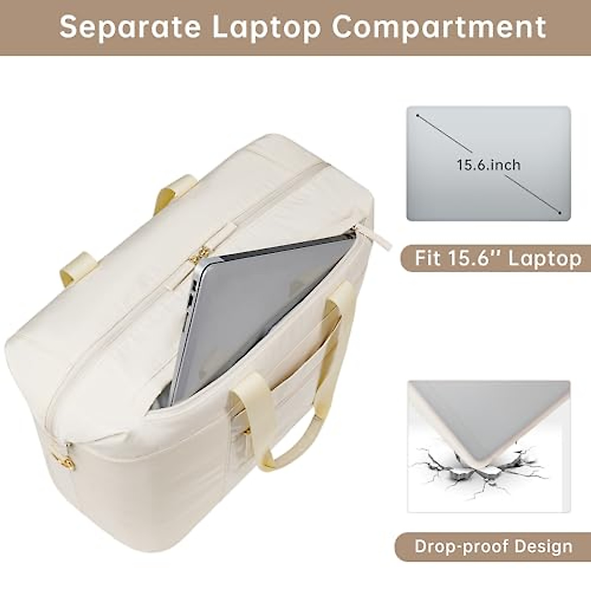 Weekender Bags for Women with 15.6" Laptop Compartment, LYAUK Travel Duffel Bag with Detachable Makeup Bag&Wet Pocket, Carry on Overnight Bag for Airplanes,Hospital Bags for Labor and Deliver Beige