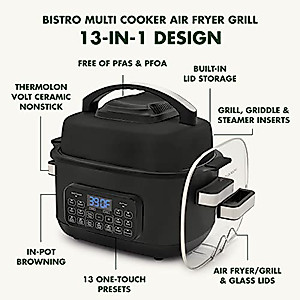 GreenPan Matte Black 13-in-1 Air Fryer Slow Cooker & Grill, Presets to Steam Saute Broil Bake and Cook Rice, Healthy Ceramic Nonstick and Dishwasher Safe Parts, Easy-to-use LED Display