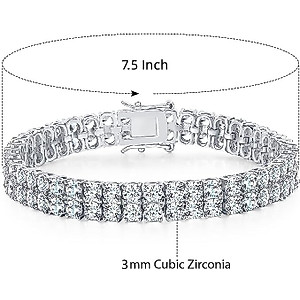 Gemsme Double Row Tennis Bracelet for Women Men 18K White Gold Plated Classic Hypoallergenic Sparkling 3.0mm Cubic Zirconia Bracelets 7.5 Inch