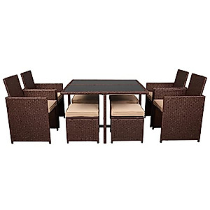 9 Pieces Wood Grain PE Wicker Rattan Dining Ottoman with Tempered Glass Table Patio Furniture Set, Stylish and Durable Patio Furniture for Outdoor, Wicker Patio Dining Set