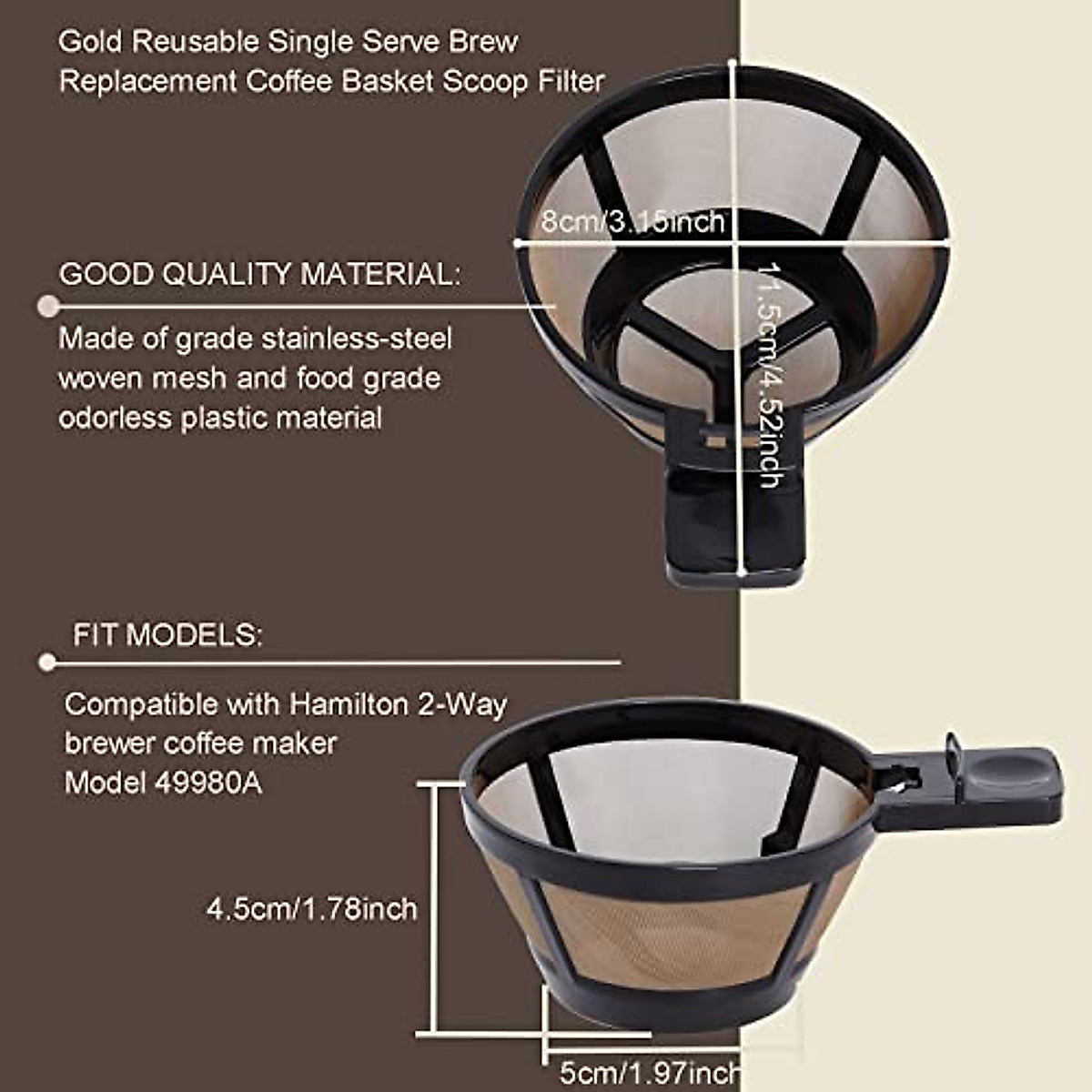 Reusable Single Serve Brew Coffee Basket Scoop,Gold Coffee Filters Replacement Compatible with Hamilton Beach 2-Way Coffee Makers 49980A, 49980Z, 47650, 49933 Accessories,Pack of 2