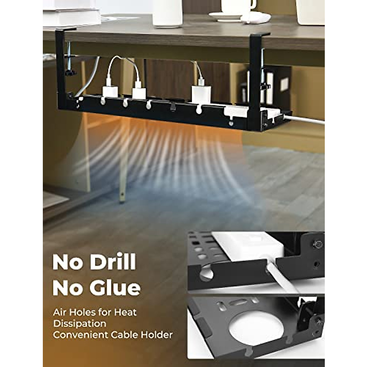 yamagahome Under Desk Cable Management Tray, 14"-21" Retractable Cord Organizer for Desk, No Drill Cable Tray Basket for Wire Management, Sturdy Metal Cable Management with Clamp for Home Office