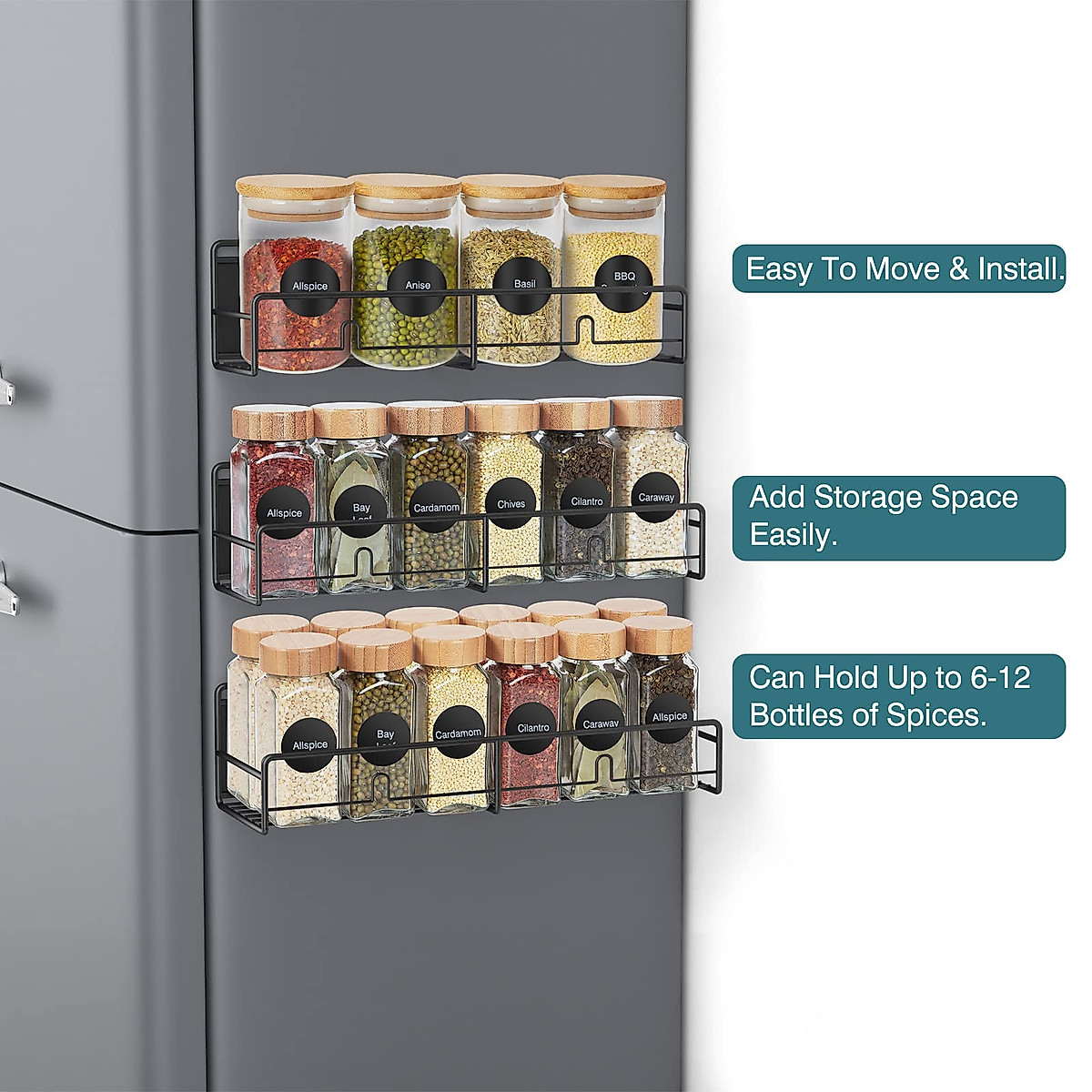 3 Pack Magnetic Spice Rack Organizer for Refrigerator, Moveable Magnetic Shelf, Space Saver for Fridge, Microwave Oven and Metal Cabinet, Magnetic Rack for Holding Spices, Jars, Bottle (Metal Black)