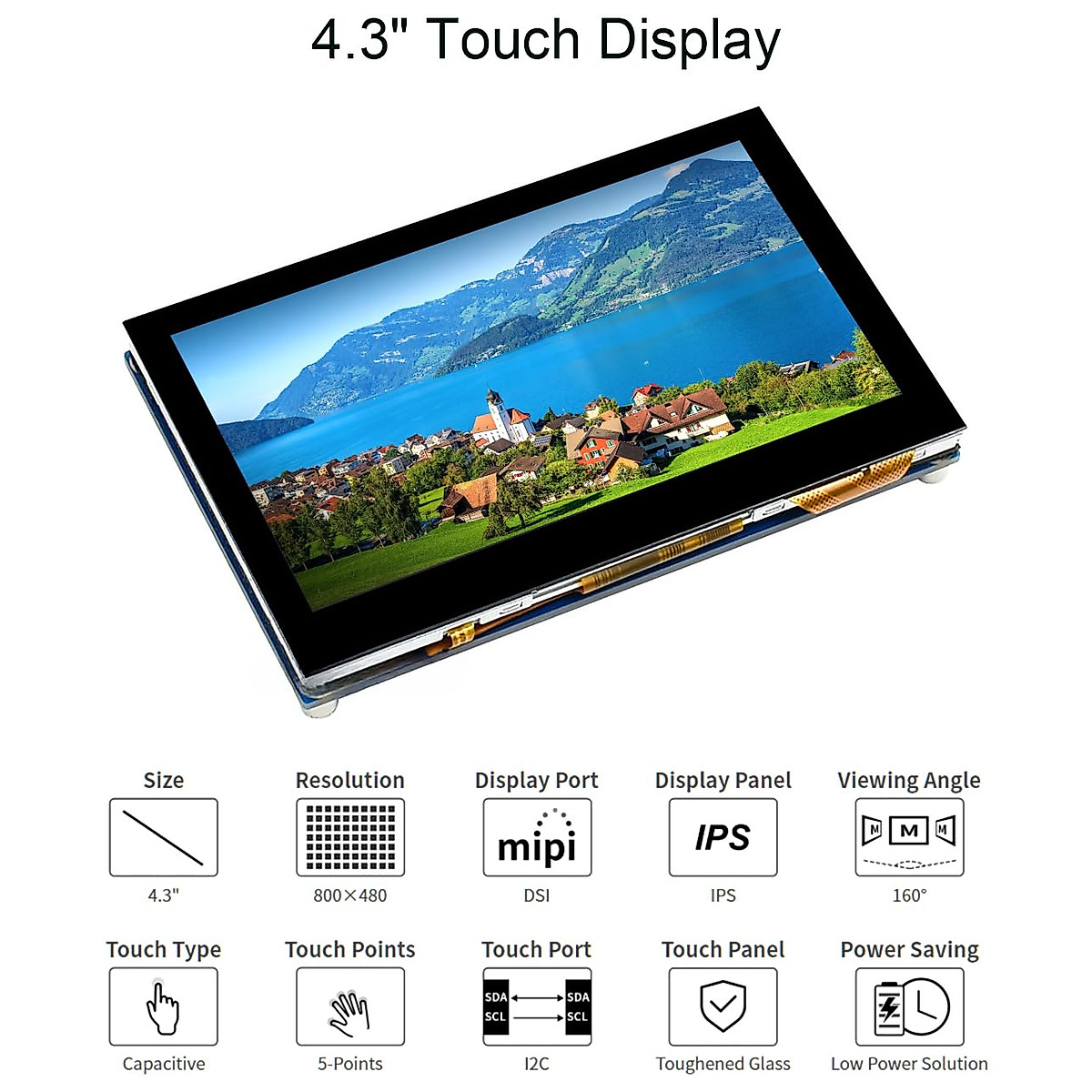 waveshare 4.3 inch DSI LCD Display for Raspberry Pi 4B/3B+/3A+/3B/2B/B+/A+/Compute Module 3+/3/4, 800×480 Touchscreen Capacitive IPS Screen Monitor, Support Raspbian/Ubuntu/Kali /WIN10 IoT/Retropie