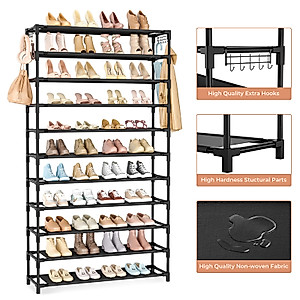 VILICK 11 Tiers Tall Wide Shoe Rack 55 Pairs Large Capacity Sturdy Durable Shoe Rack for Closet Metal Shoe Organizer Shelf with Two Hooks Space Saving for Entryway Black