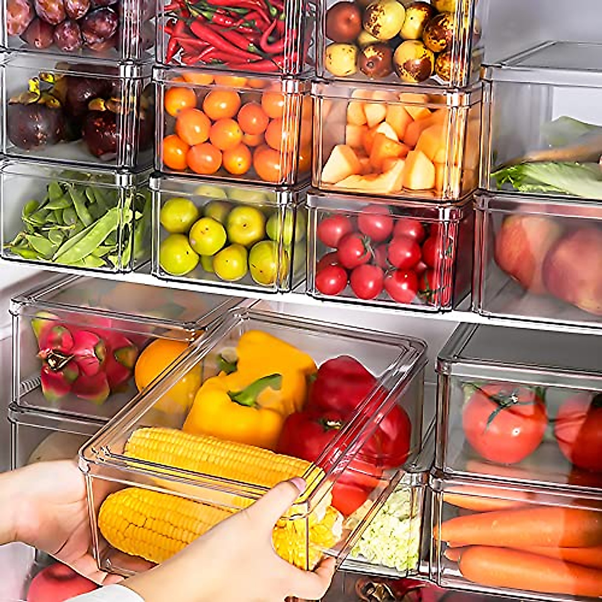 Set of 5 Fridge Organizer Bins Plastic Freezer Refrigerator Pantry Organizer Food Storage Box Container for Cabinet, Countertops, Cupboard, Kitchen Pantry Organization and Storage