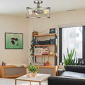 Capslpad Industrial Semi-Flush Mount Ceiling Light Vintage Close to Ceiling Lamp 3-Light Farmhouse Retro Metal Cage Ceiling Light Fixture for Bedroom Kitchen Foyer Hallway (Brushed Nickel)