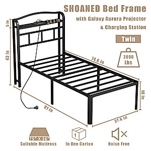 SHOANED Twin Size Metal Bed Frame - 18 Inch Heavy Duty Bedframe with Headboard & Charging Station Basic Steel Slats Platform with Galaxy Aurora Projector No Box Spring Needed, Noise-Free