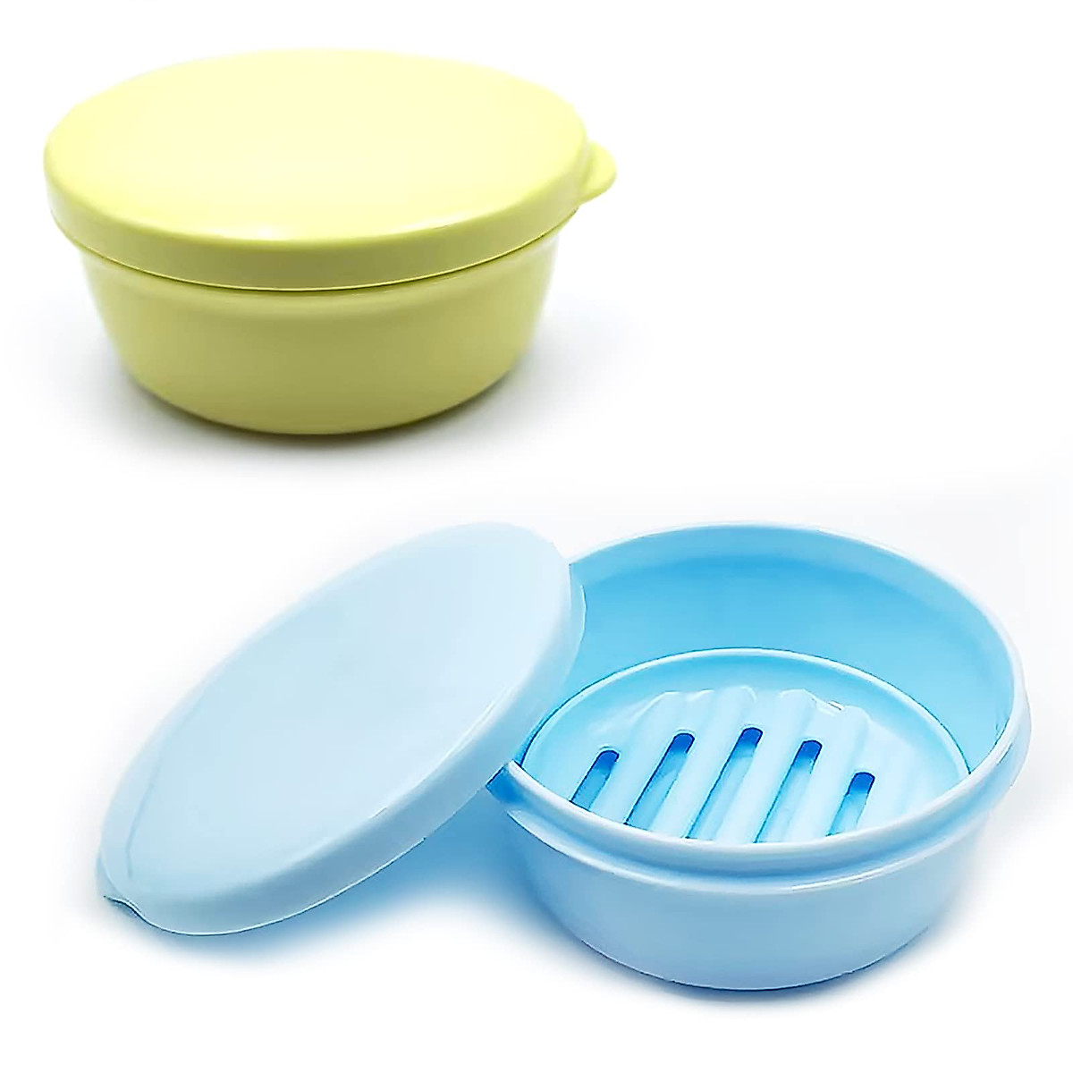 Philbinden Travel Soap Container, 2 Pack Round Plastic Soap Holder with Leak-Proof Lid Keep Bar Shampoo and Bar Conditioner Dry Travel Soap Case for Business Trip Bathroom Gym Shower (Blue+Yellow)