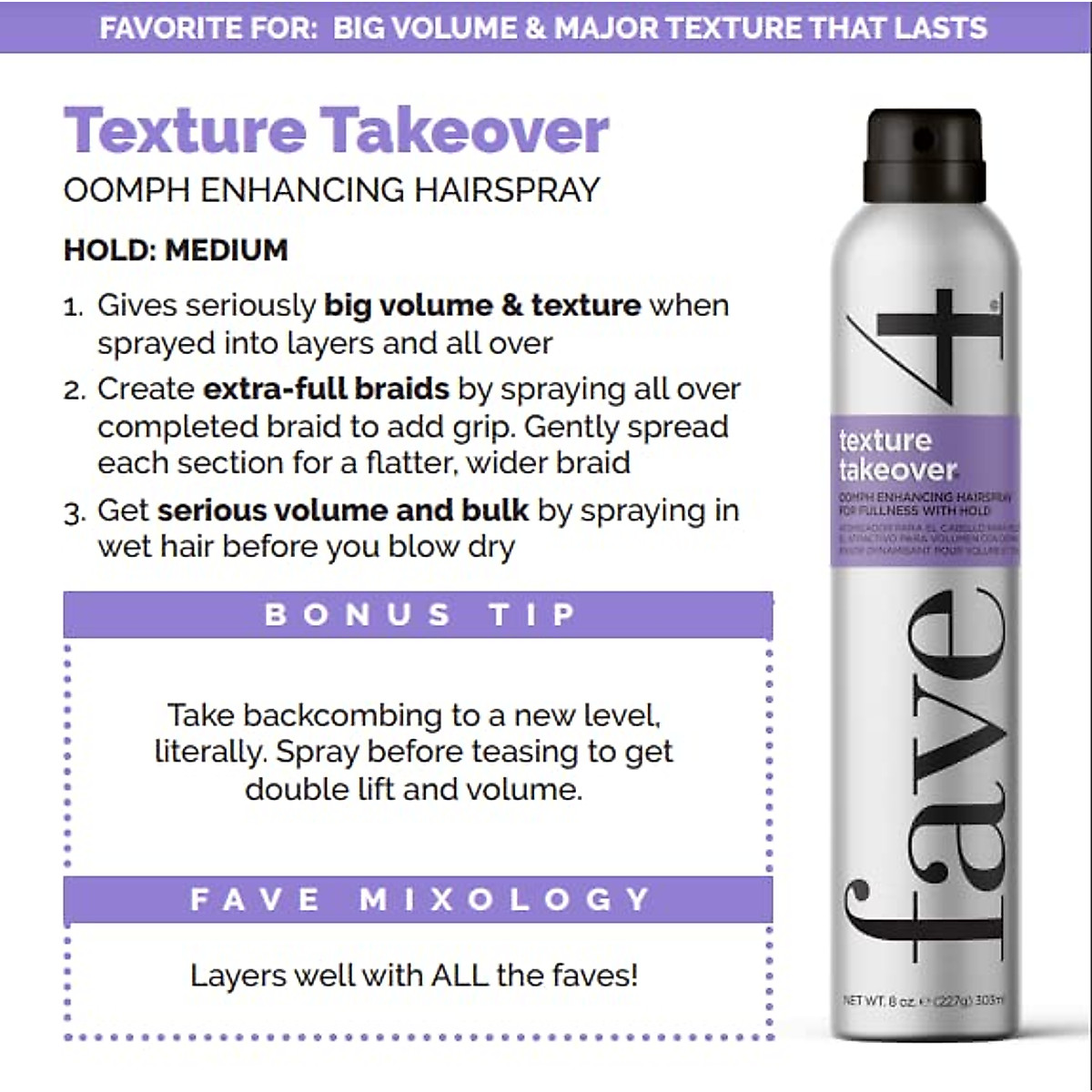 fave4 hair Texture Takeover Hairspray, Oomph Enhancing Texturizing Spray for Volume, 8 oz