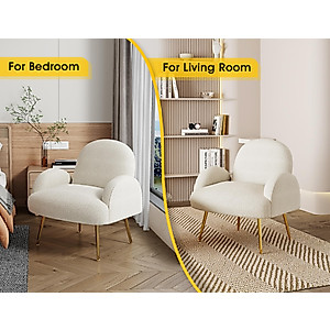 Dewhut Modern Sherpa Boucle Accent Chair, Upholstered Arm Vanity Chair with Metal Legs for Corner, Fluffy Reading Side Chairs for Living Room, Bedrooms, Home Office, Dorm, Reading Nook (Cream white)