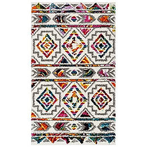 SAFAVIEH Fiesta Shag Collection 6'7" x 9'2" Cream / Multi FSG365A Moroccan Boho Non-Shedding Living Room Bedroom Dining Room Entryway Kids Area Rug