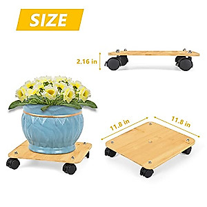 2 Pack Plant Caddy Rolling Plant Stand with Wheels Bamboo Plant Roller Base with Lockable Casters for Indoor Outdoor Large Plant Pot Flower Pot