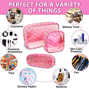 Clear Small Makeup Bag with Zipper, Nylon&PVC Cosmetic Travel Bag Preppy TSA Approved Toiletry Bag for Women Girls, Transparent Waterproof Makeup Pouches Cute Travel Bag for Purse(Small-Pink Heart)